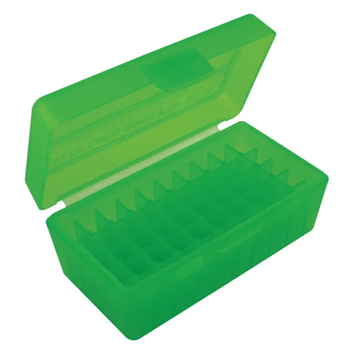 MTM 50 Round Flip Top Handgun Ammo Box (Clear Green) 357 Rem Mag, 25-20 ...